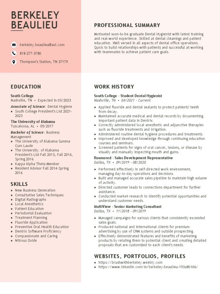 Berkeley Beaulieu Main Student Dental Hygiene Resume | PDF | Dentistry ...