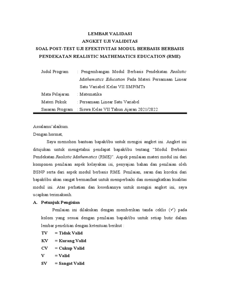 Lembar Validasi Angket Uji Validitas Soal Post Test | PDF