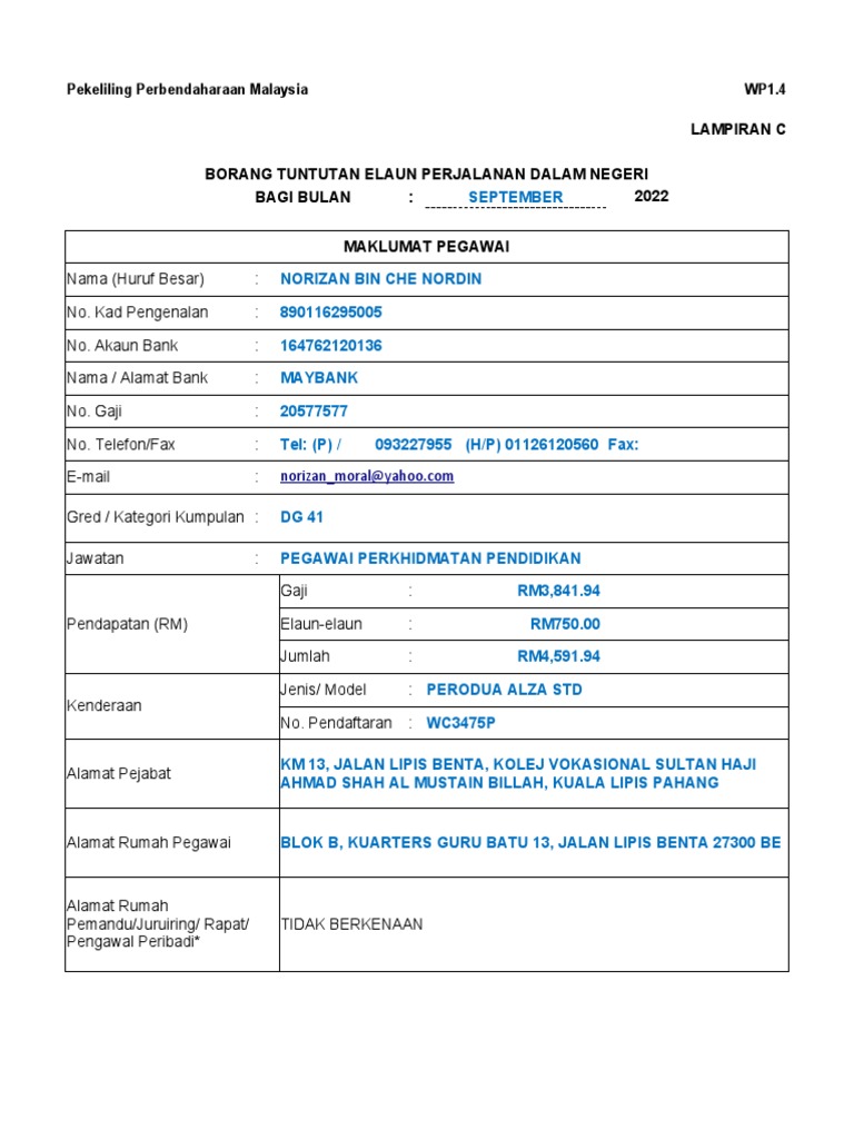 Borang Tuntutan Elaun Perjalanan - PPM Wp1.4 | PDF