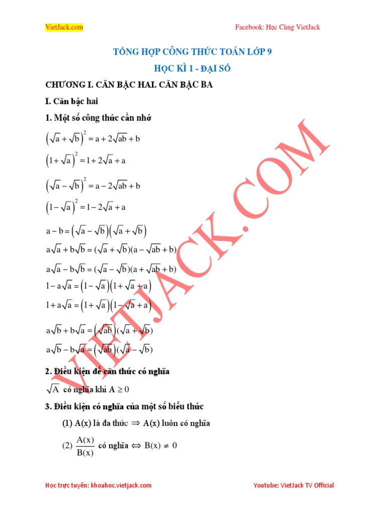 Cong Thuc Toan Lop 9 Hoc Ki 1 | PDF