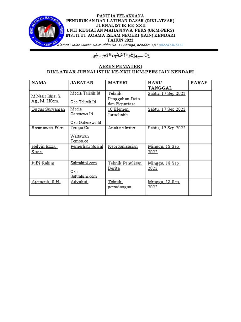 Absen Pemateri | PDF