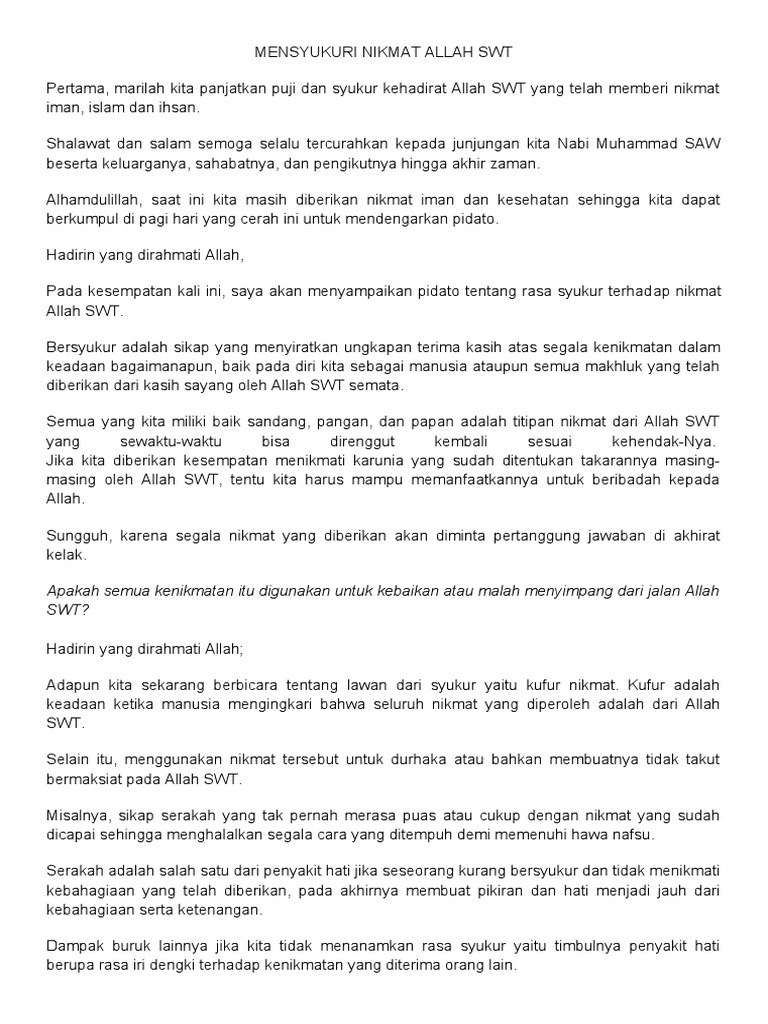 Mensyukuri Nikmat Allah SWT Teks Pildacil | PDF
