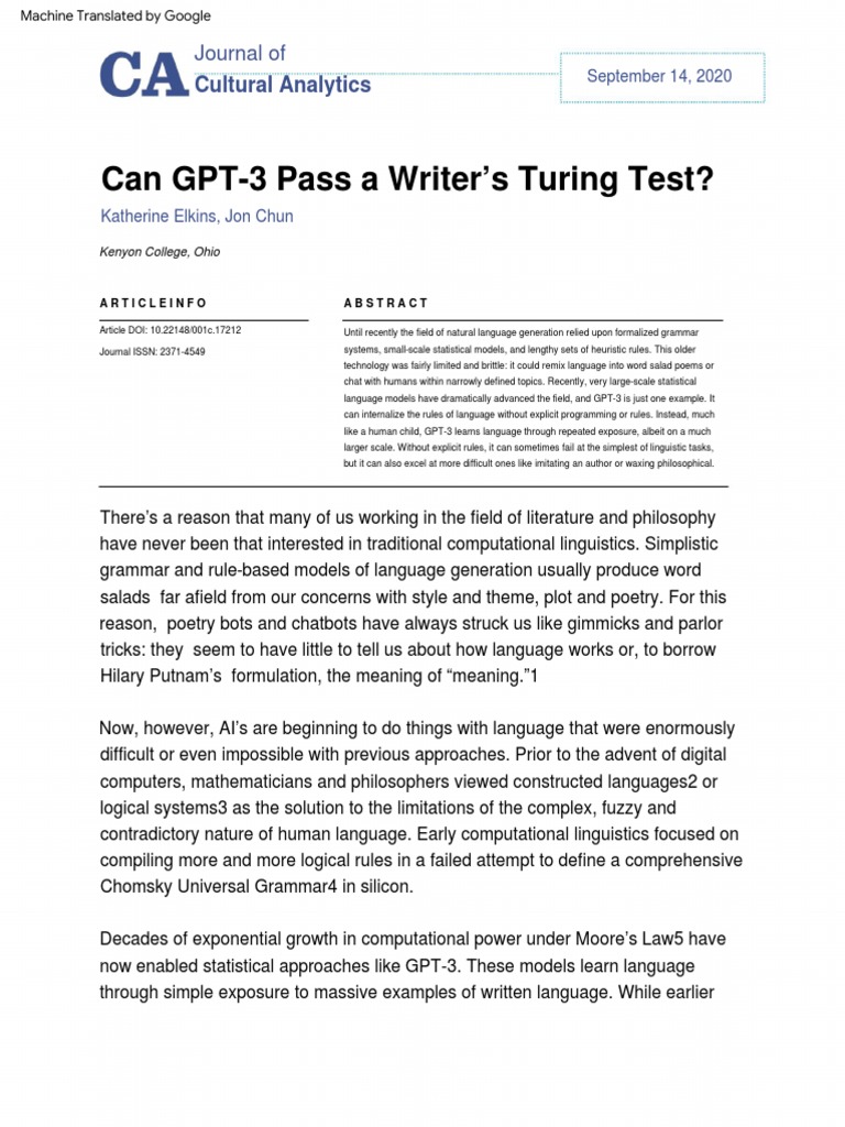 Can Gpt 3 Pass A Writer S Turing Test Pdf Artificial Intelligence