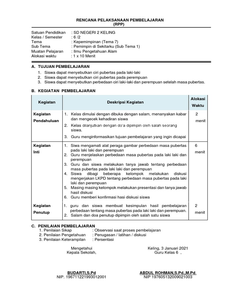 RPP Tema 7 Sub Tema 1 Mupel Ipa Materi Pubertas | PDF