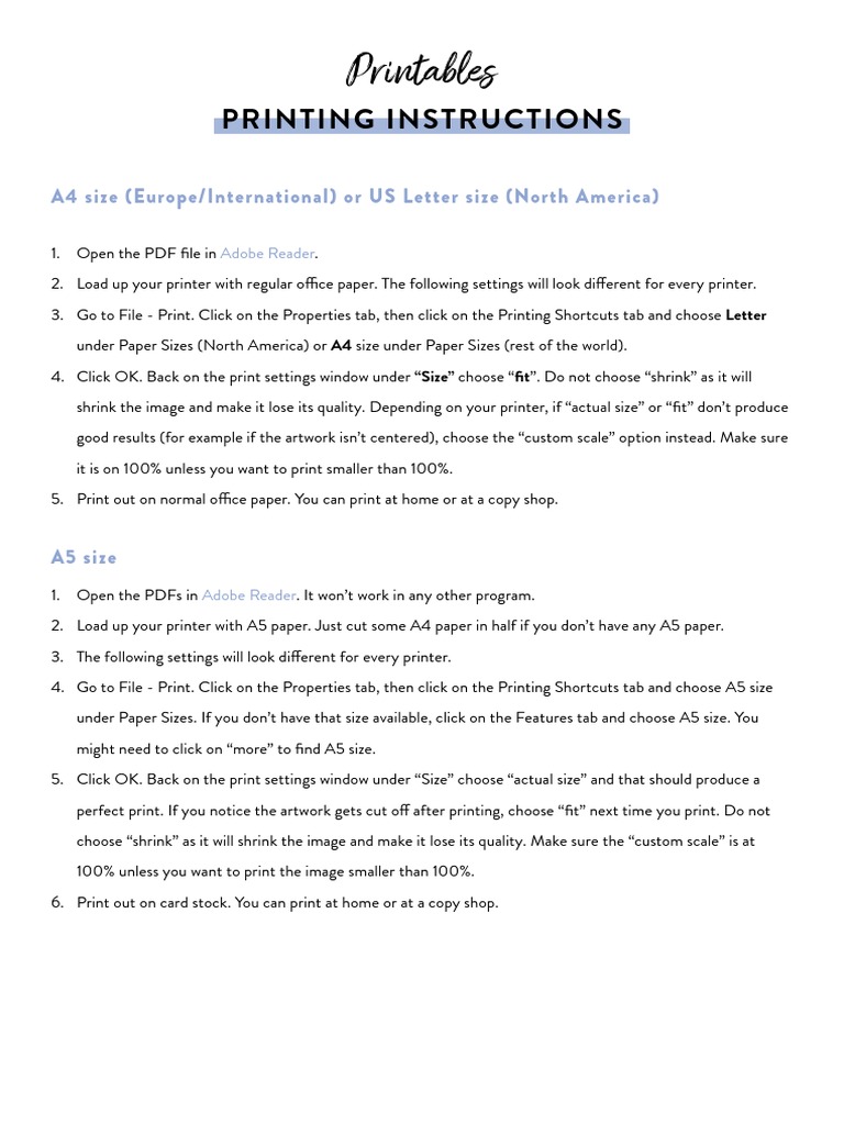 Printing Instructions: Guidance for Printing Documents in A4, Letter ...