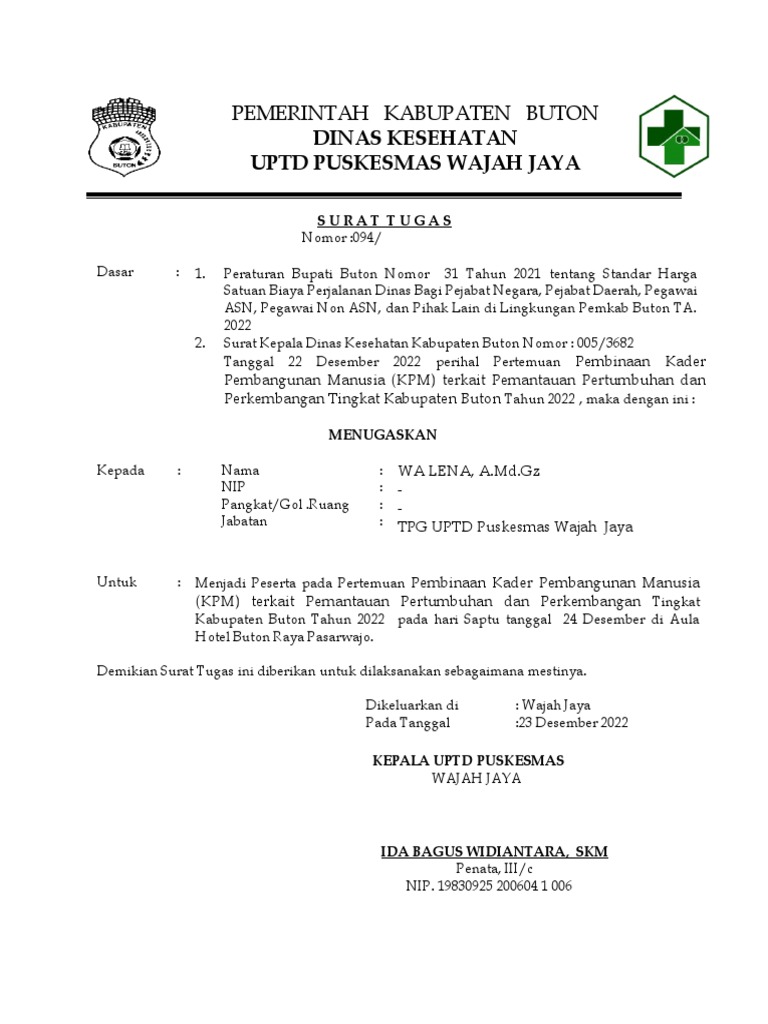 Surat Tugas Puskesmas PERTEMUAN Kader KPM | PDF
