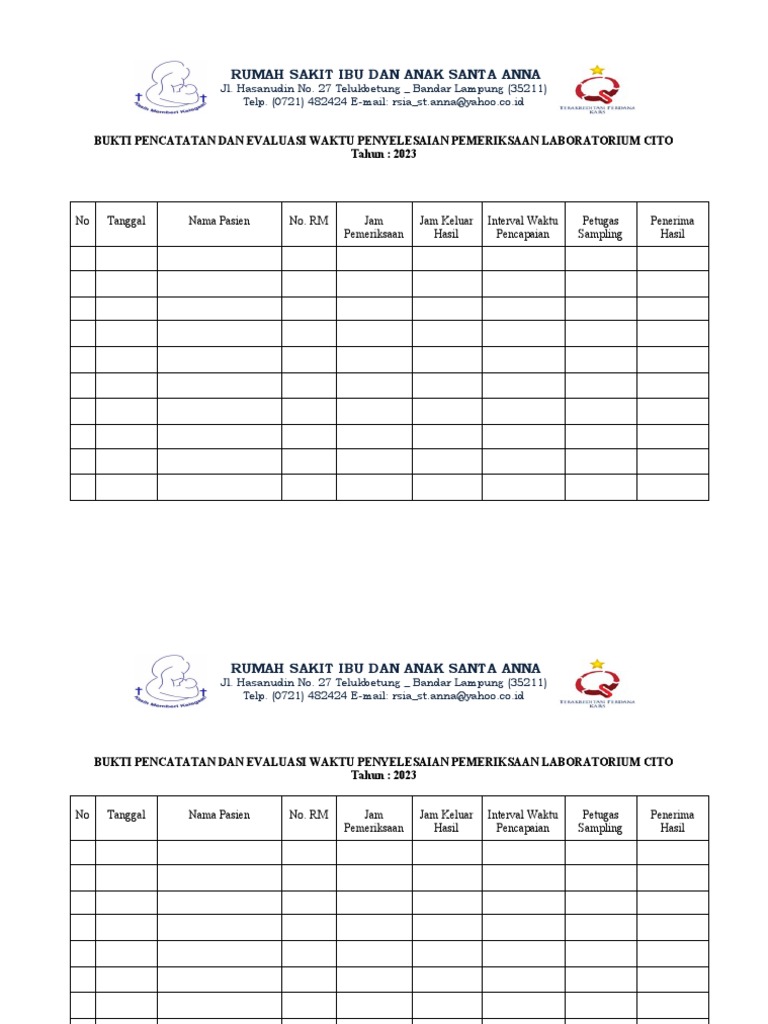 Bukti Pencatatan Dan Evaluasi Waktu Penyelesaian Pemeriksaan Laboratorium Cito 2023 | PDF
