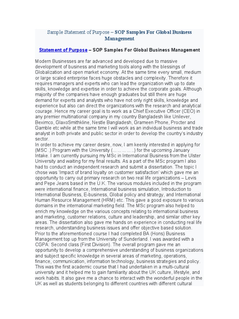 SOP Sample for Global Business Management MSc Program | PDF ...