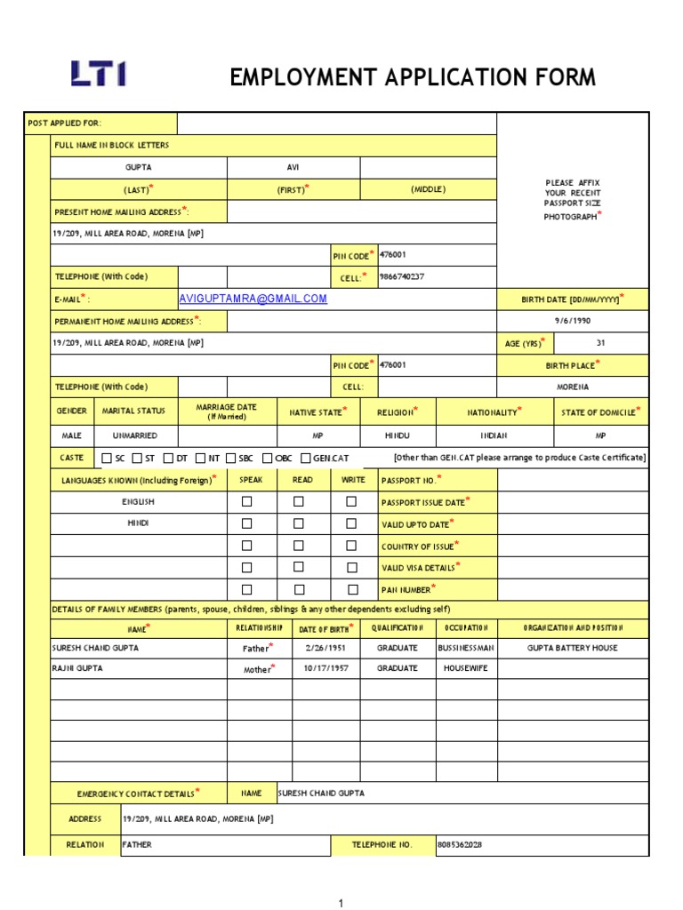 Lti - Employment Application Form - Blank | PDF