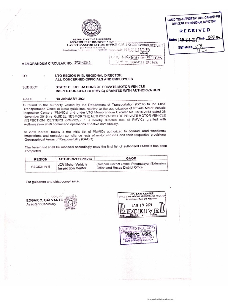 Memorandum Circular No. 2021-2243 Start of Operations of Private Motor ...