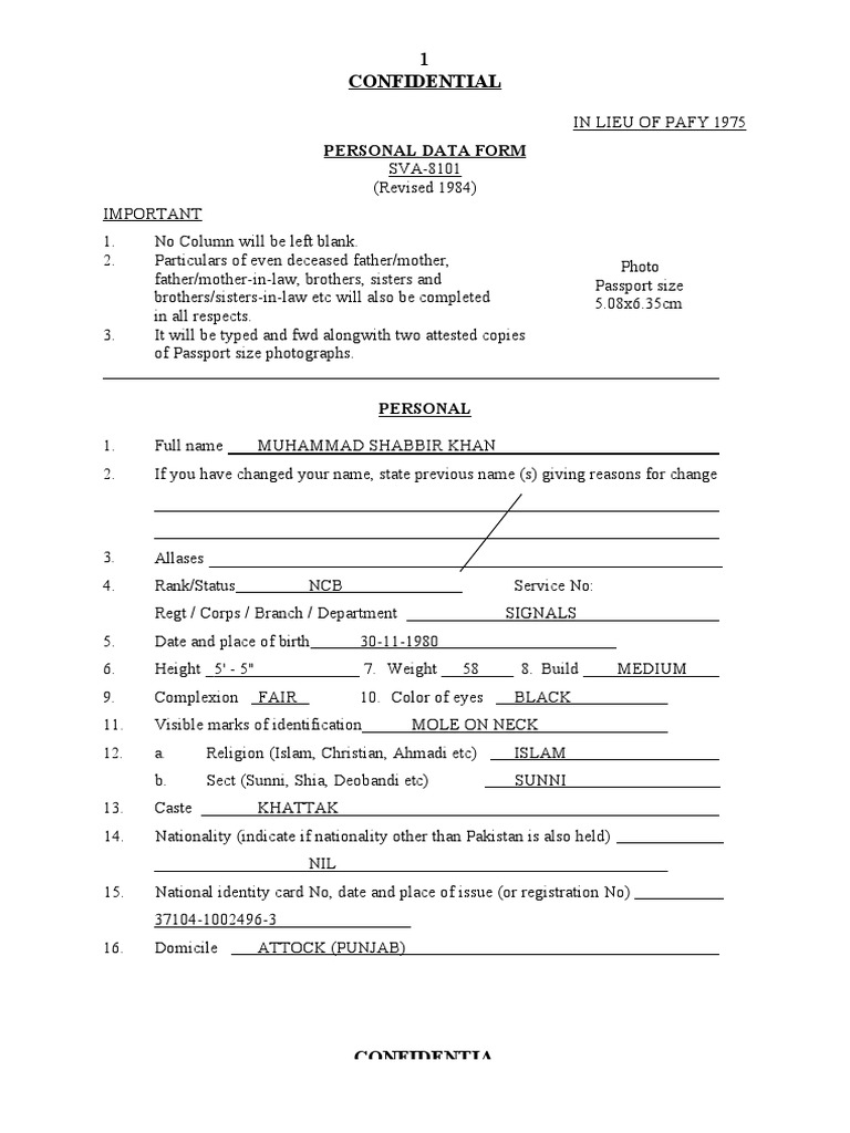 PERSONAL DATA FORM SVA-8101 (Revised 1984) | PDF | Identity Document | Sunni Islam