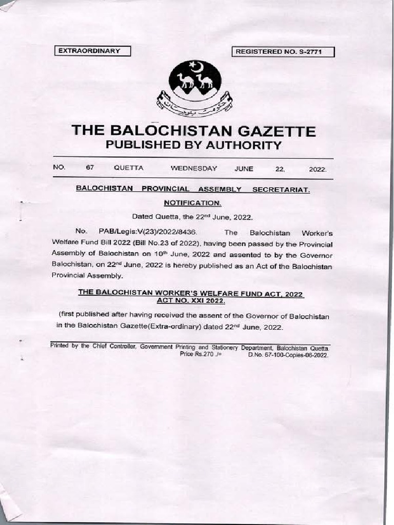 The Balochistan Workers Wefare Fund Act, 2022 Act No. XXI 2022 - 0001 ...