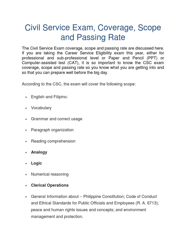 Civil Service Exam, Coverage, Scope and Passing Rate | PDF