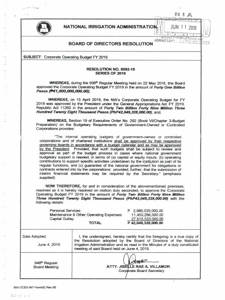 NIA Corporate Budget FY 2019 Approval | PDF | Expense | Economies