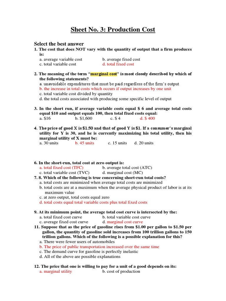 Production Cost Concepts and Questions | PDF | Marginal Cost | Economics