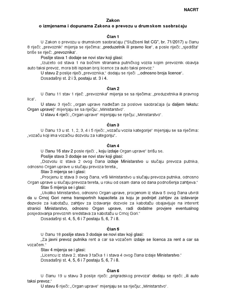 Nacrt Zakona o Izmjenama I Dopunama Zakona o Prevozu U Drumskom ...