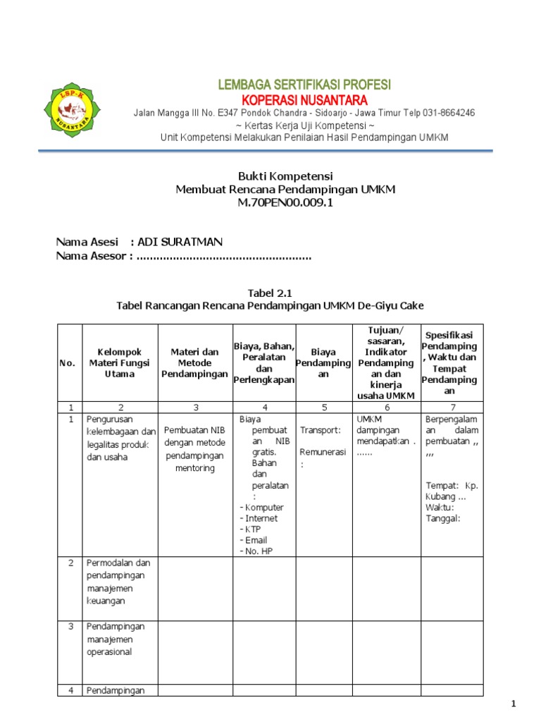 RANCANGAN RENCANA PENDAMPINGAN UMKM | PDF