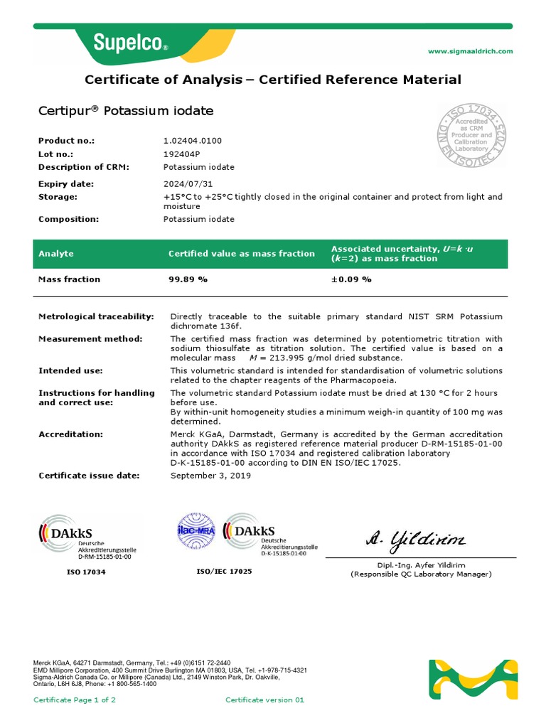 COA - Potassium Iodate | PDF | Science | Metrology