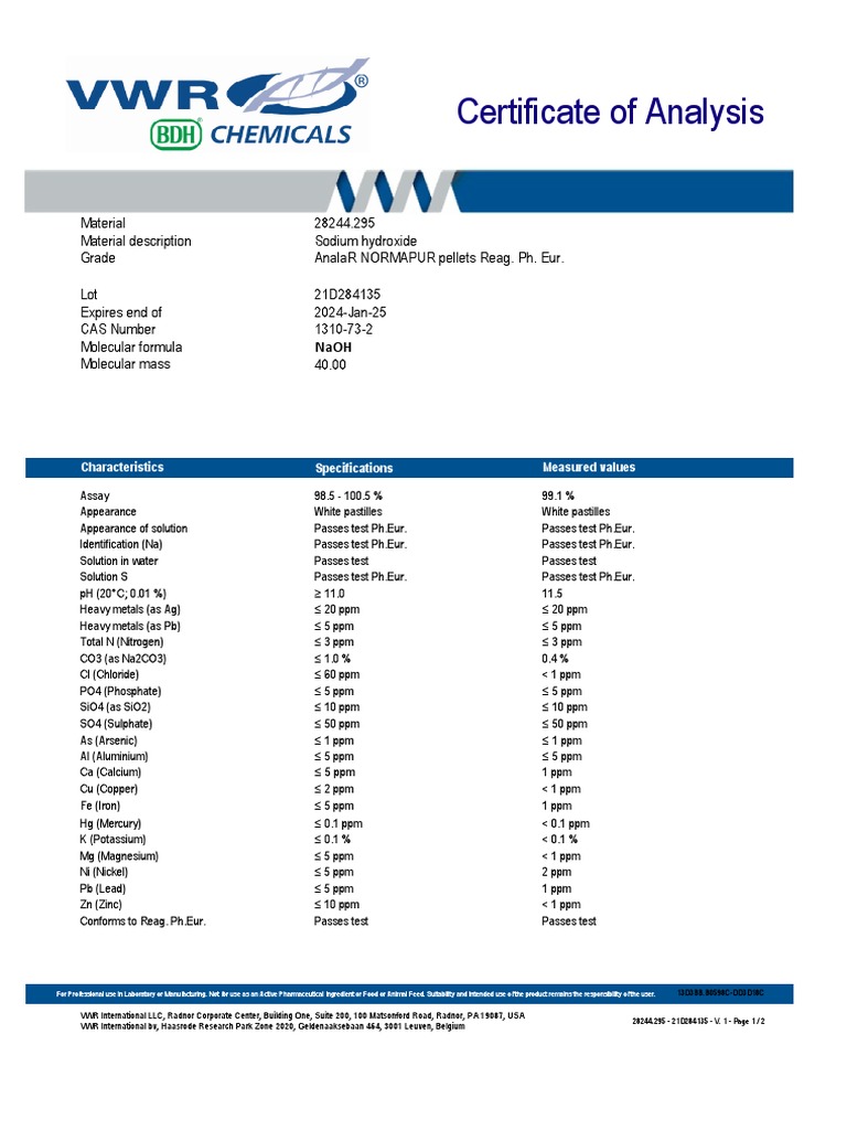 COA - Sodium Hydroxide | Download Free PDF | Hydroxide | Sodium