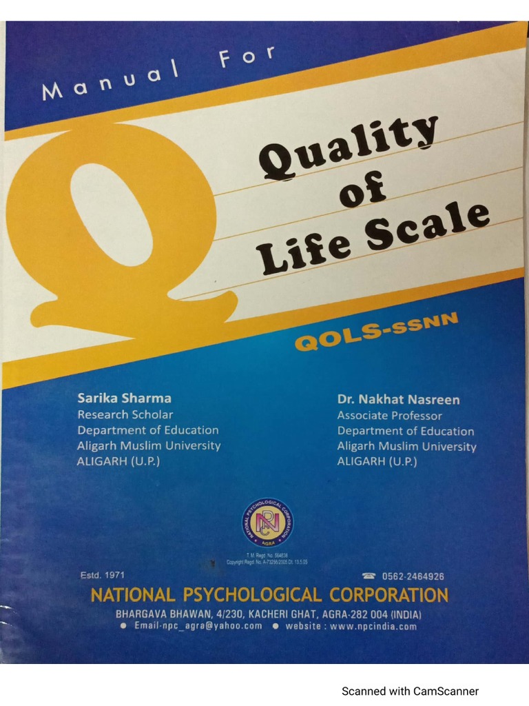 Manual For Quality of Life Scale | PDF