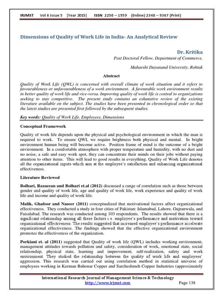 Quality of Work Life in India Review | PDF | Job Satisfaction | Employment