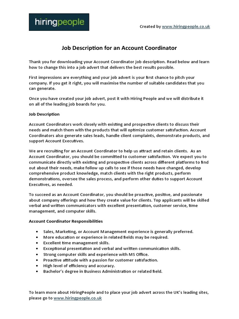 Account Coordinator Job Description | PDF | Sales | Advertising