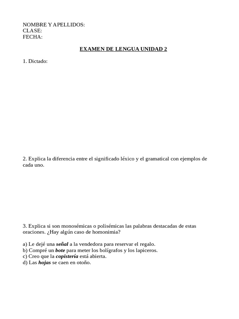 Examen de Repaso de Lengua | PDF Examen de Repaso de Lengua | PDF