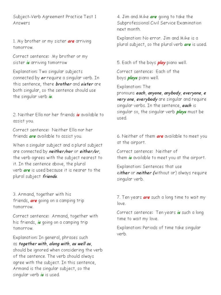 Subject-Verb Agreement Test Guide | PDF | Grammatical Number | Verb