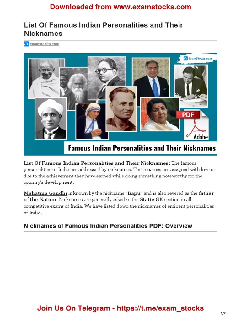 Famous Indian Personalities & Nicknames | PDF | Indian Independence ...