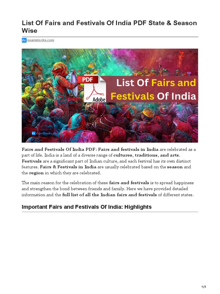 List of Fairs and Festivals of India PDF @exam - Stocks | Download Free PDF | Observances ...