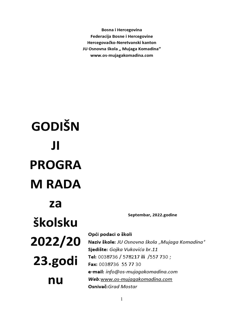 Godišnji Program Rada Škole 2022 2023 | PDF