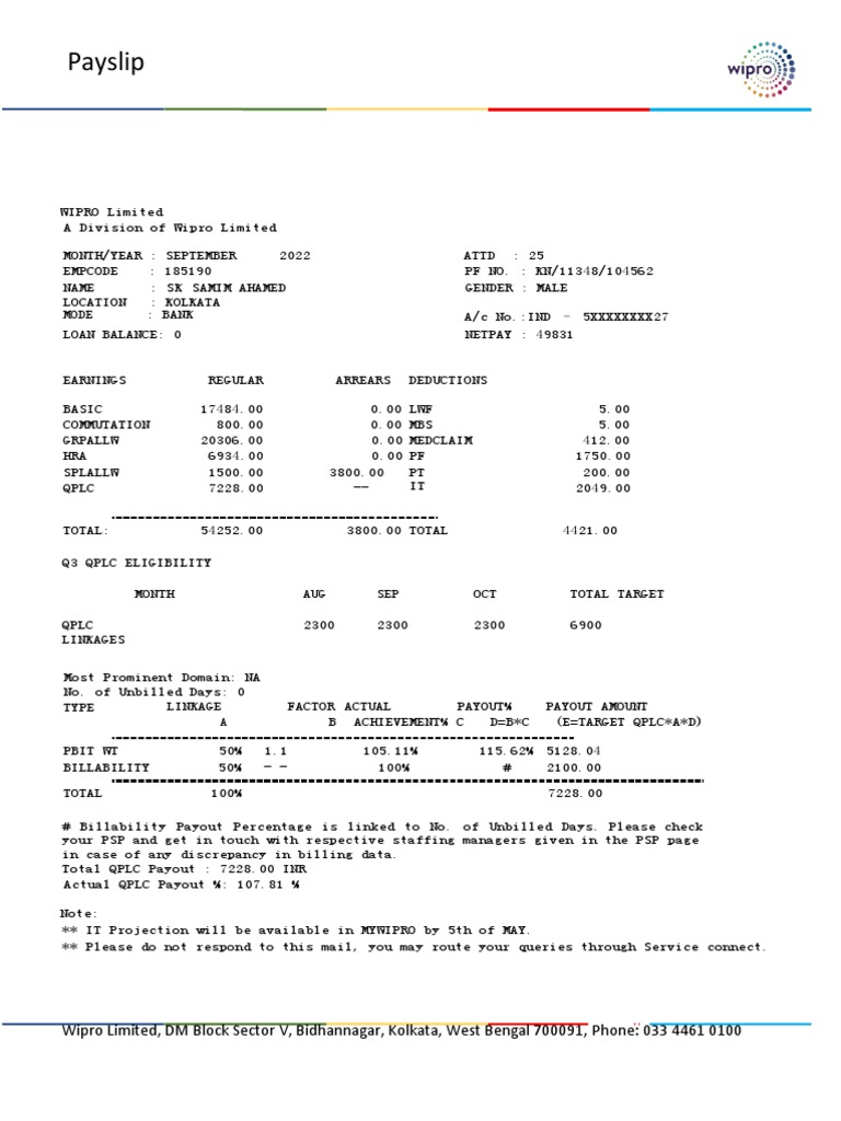 Wipro Salary Slip - September 2022 | PDF | Finance & Money Management