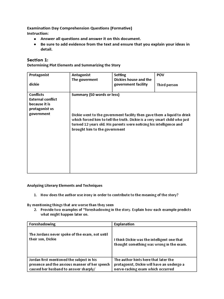 Examination Day Comprehension Questions | PDF | Plot (Narrative ...
