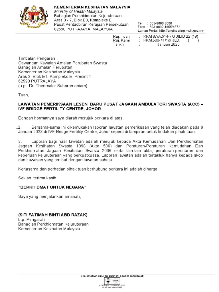 Surat Inspection 91 Report Lawatan VICTORY IVF FERTILITY 9 Jan 2023 | PDF