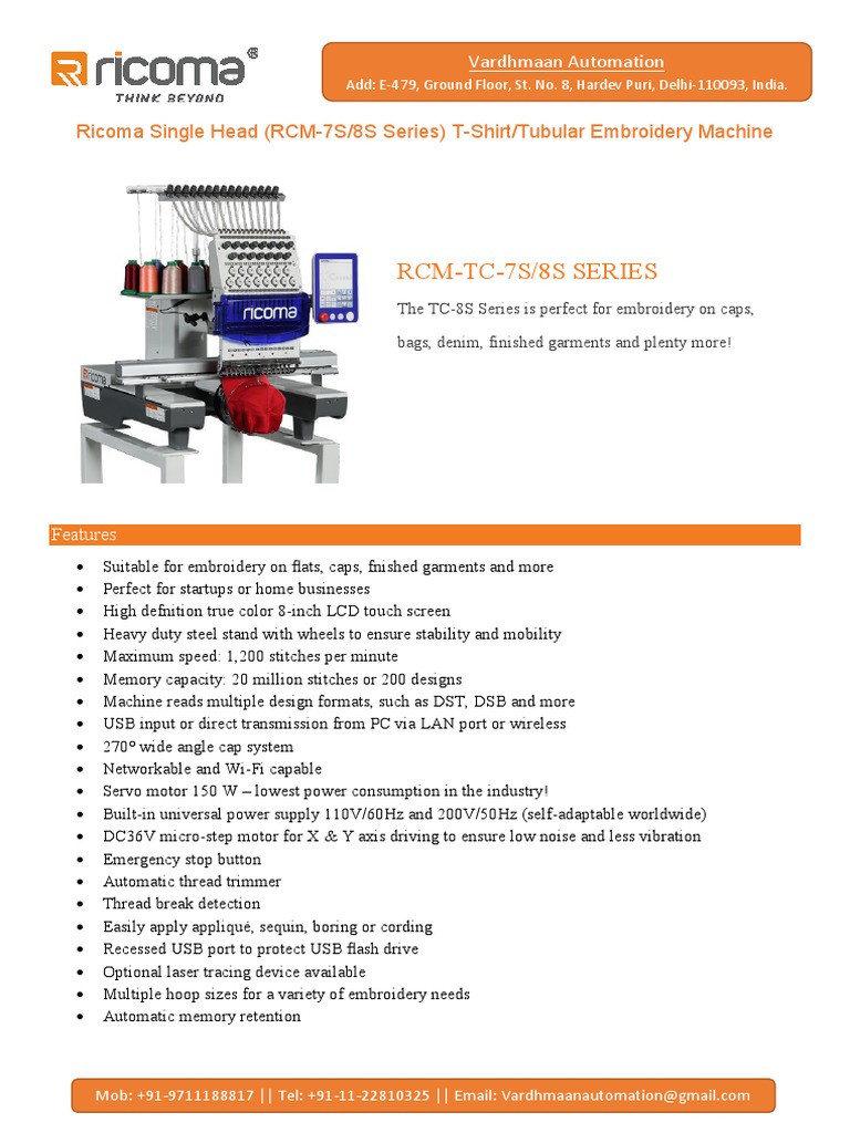Ricoma RCM 1501 TC 7s 8s Embroidery Machine | PDF | Embroidery | Manufactured Goods