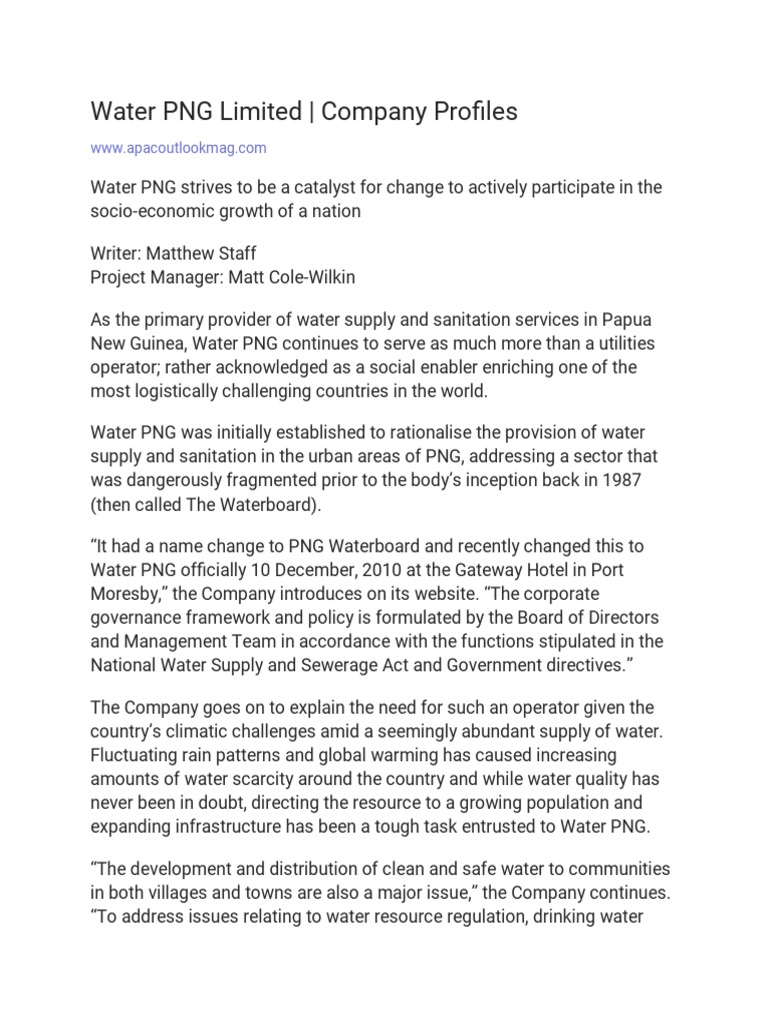 Water PNG Company Profile | PDF | Papua New Guinea | Sewage Treatment