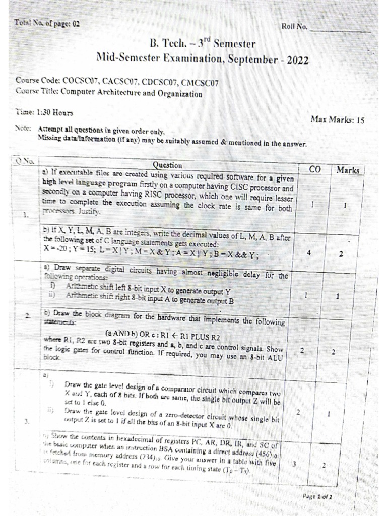 Mid Sem Solution Computer Architecture and Organization Sep 2022 | PDF