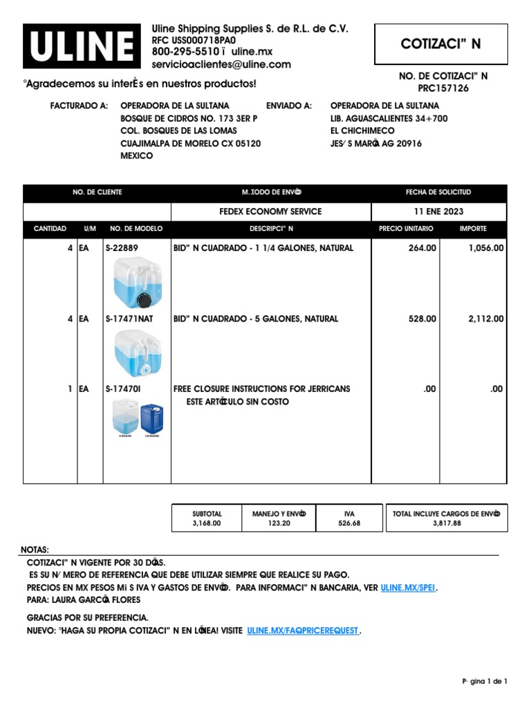 Cotización Uline para Operadora de la Sultana | PDF