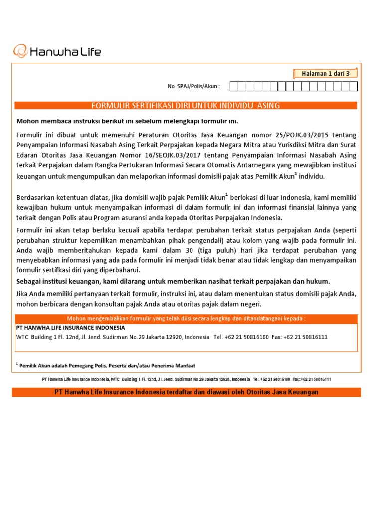 Form HLI UW Other 018 Rev.01 Formulir Sertifikasi Diri Individu - Asing | PDF