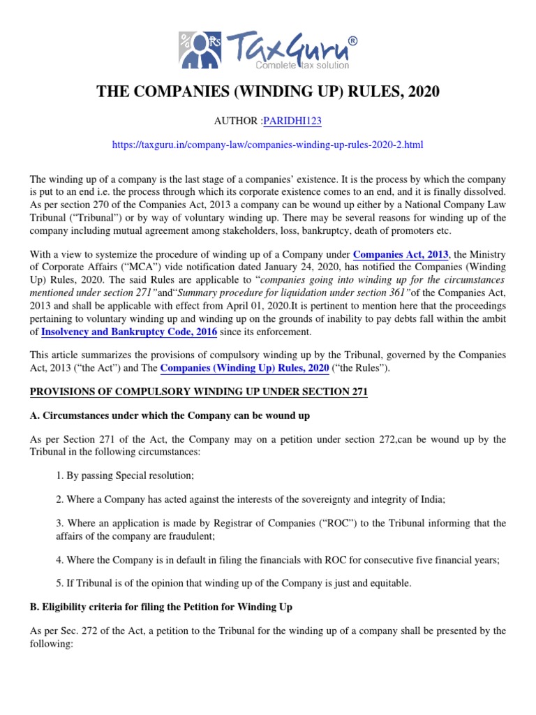 Companies Winding Up Rules 2020 | PDF | Liquidation | Bankruptcy