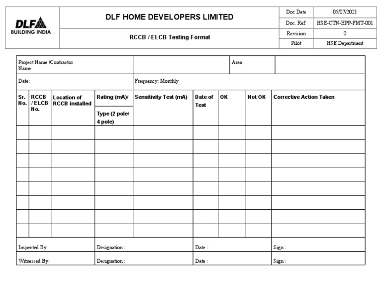 RCCB Testing Format - HSE-CTN-HPP-FMT-001 | PDF