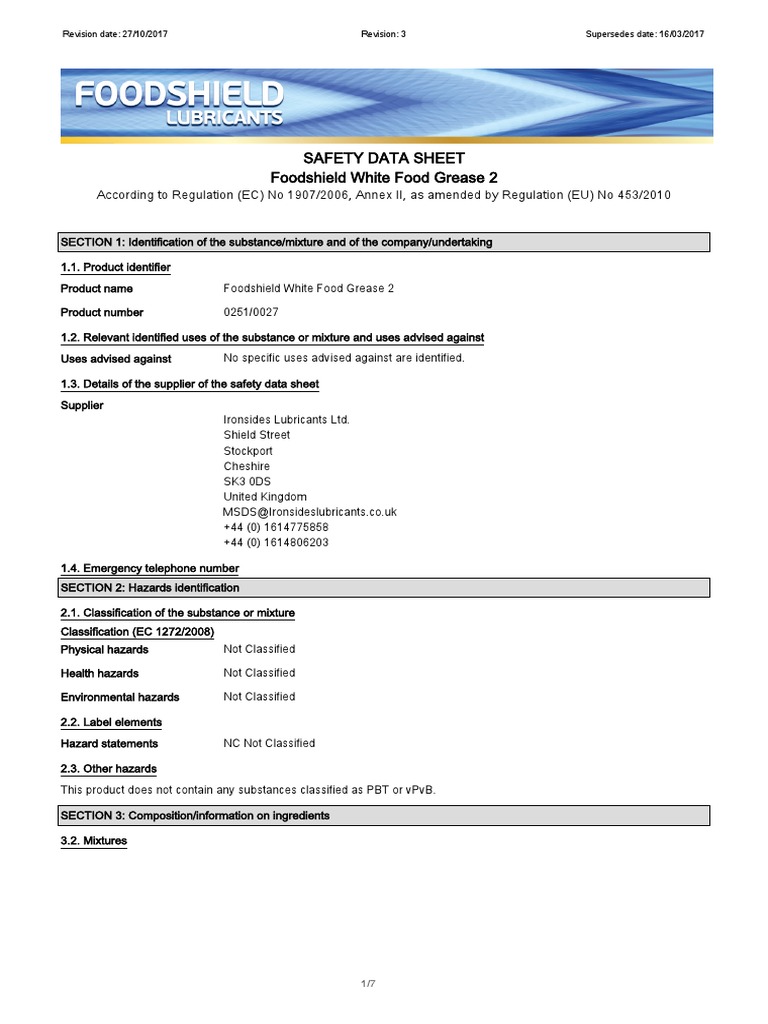 SDS Foodshield White Food Grease 2 0251-0027 Oct17 | PDF | Dangerous ...