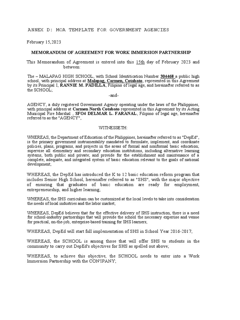 Annex D: Moa Template For Government Agencies: Memorandum of Agreement ...