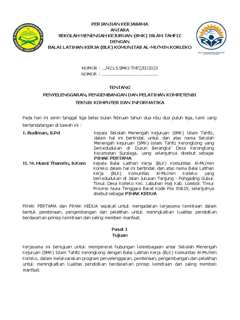 Perjanjian Kerjasama DGN BLK | PDF