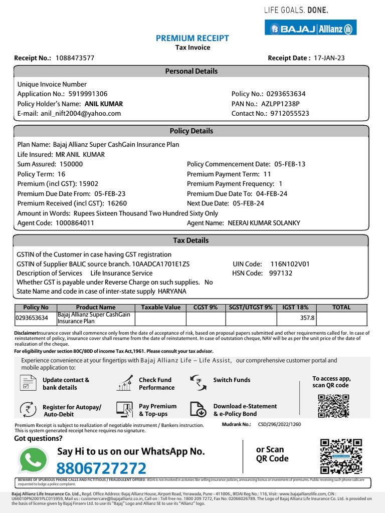 Bajaj AL-Premium Receipts1 | PDF | Insurance | Financial Services
