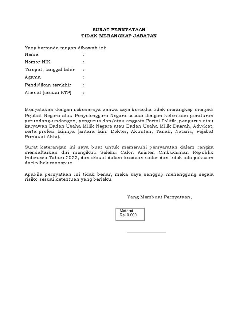 Surat Pernyataan Tidak Merangkap Jabatan | PDF