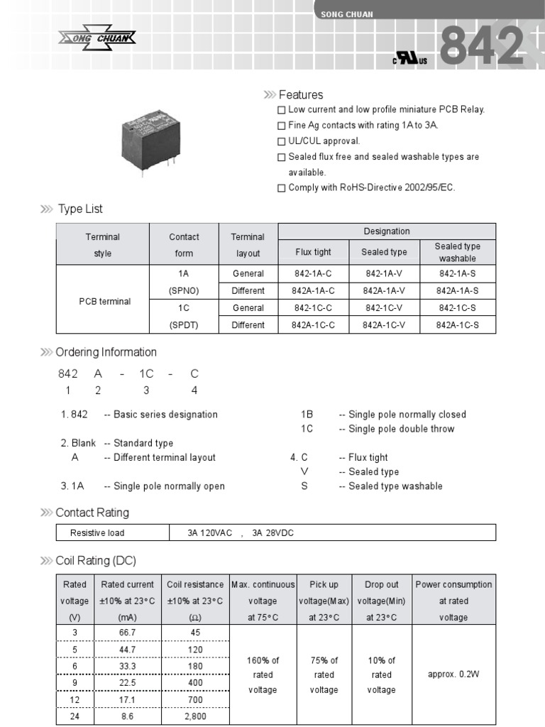 842 1A C Relay Datasheet | PDF | Inductor | Relay