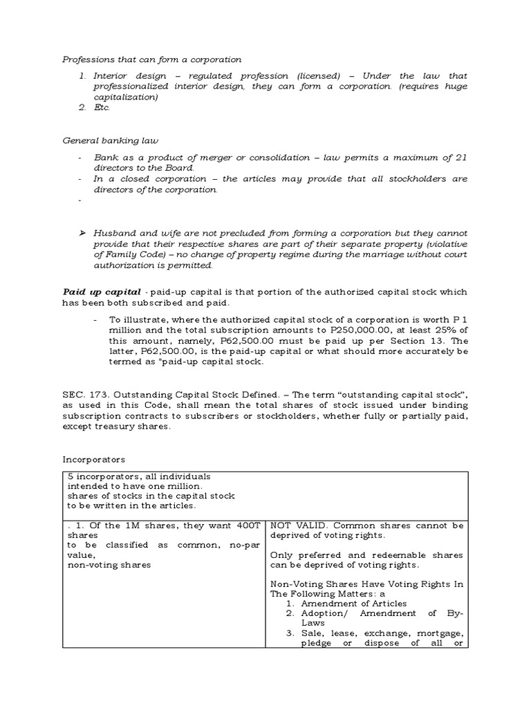 Corporation Law Notes Pdf Stocks Corporations