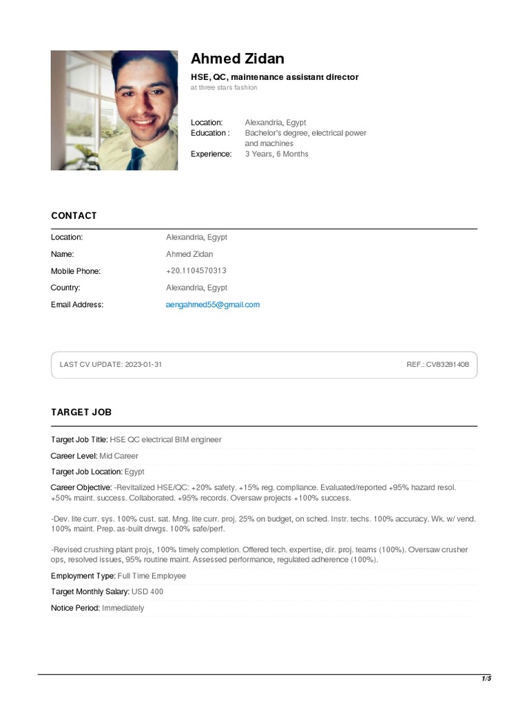 cv83281408 - Ahmed Zidan - Hse QC Electrical Bim Enginee | PDF | Expert | Regulatory Compliance