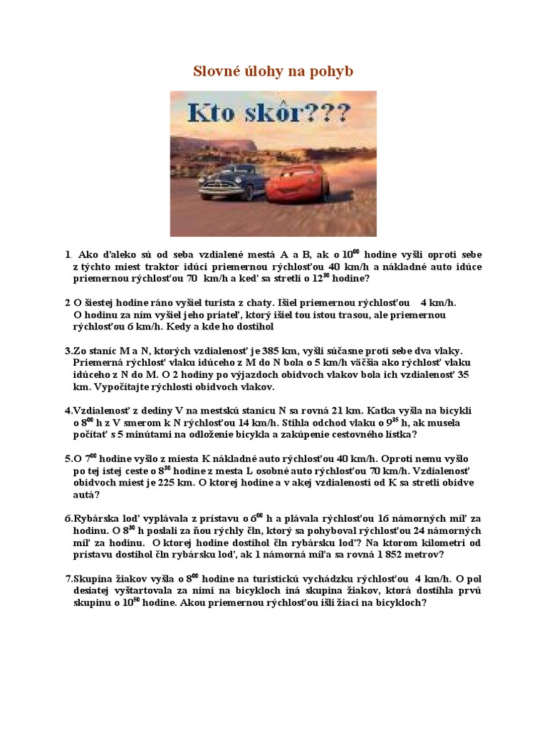 Slovné Úlohy Na Pohyb 8.a 9. Roč | PDF